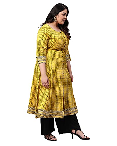 Yash Gallery Women's Cotton Slub Checks Print Anarkali Kurta (White)