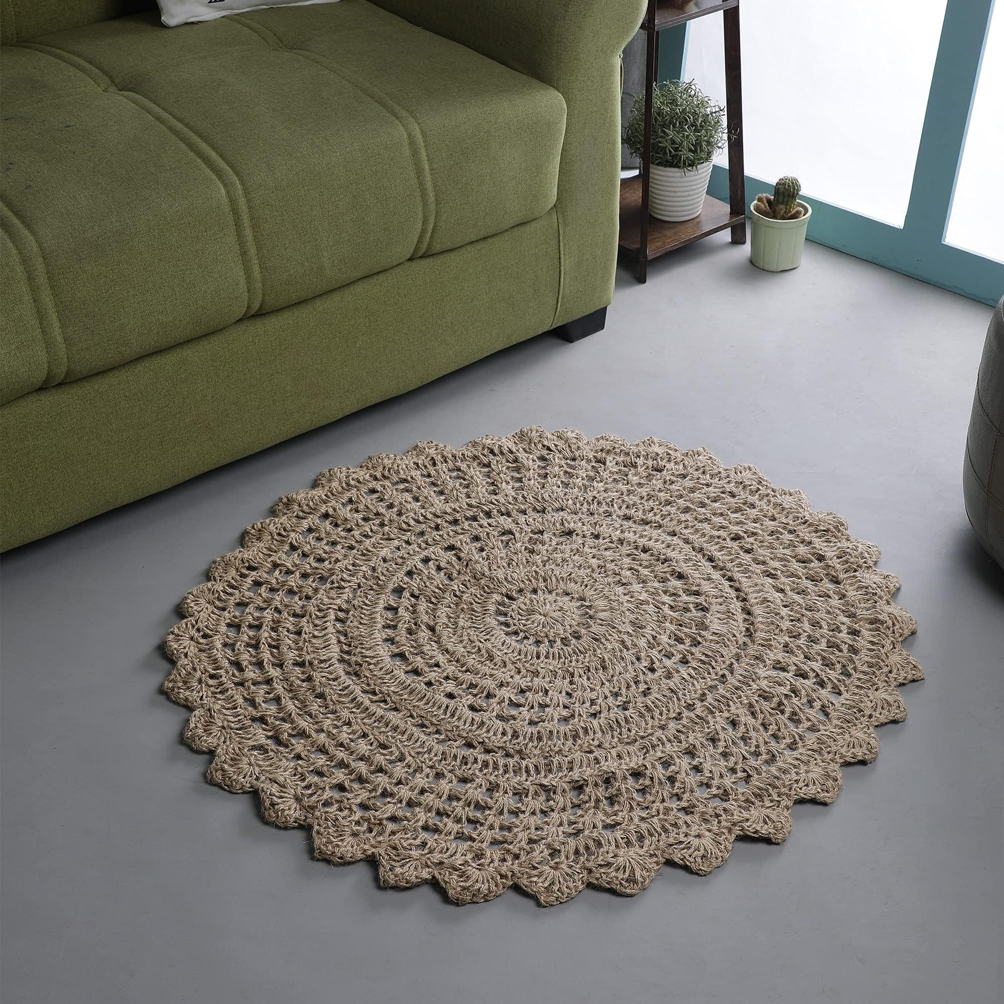 THE BEER VALLEY Jute Crochet Hand Woven Rug, 3' Round - Natural, Anti Slip Handmade Scalloped Small Accent Rugs for Patio, Kitchen Boho Décor - 3 Feet Round