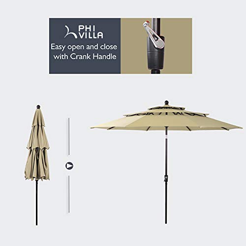 PHI VILLA 10ft Patio Umbrellas, Outdoor 3 Tier Vented Market Table Umbrella with 1.5" Aluminum Pole and 8 Sturdy Ribs, (Beige) for Poolside, Garden Terrace