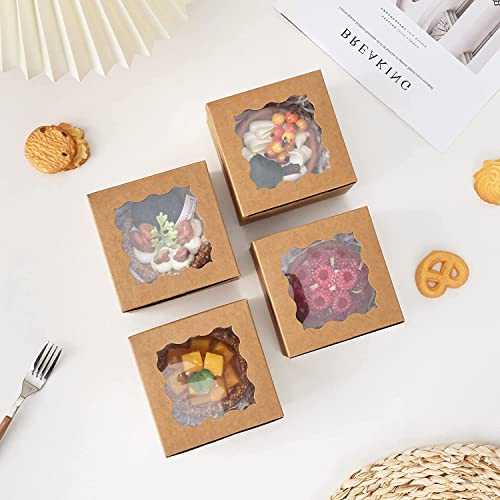 Moretoes 30 Pack Mini Cookie Boxes 4 Inch Bakery Boxes with 66ft Twine Small Brown Kraft Cake Boxes with Window for Cupcakes, Pies, Donuts(4x4x2.5 Inch)