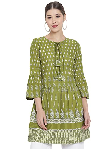 Yash Gallery Women's Rayon Printed Short Kurta (Green)