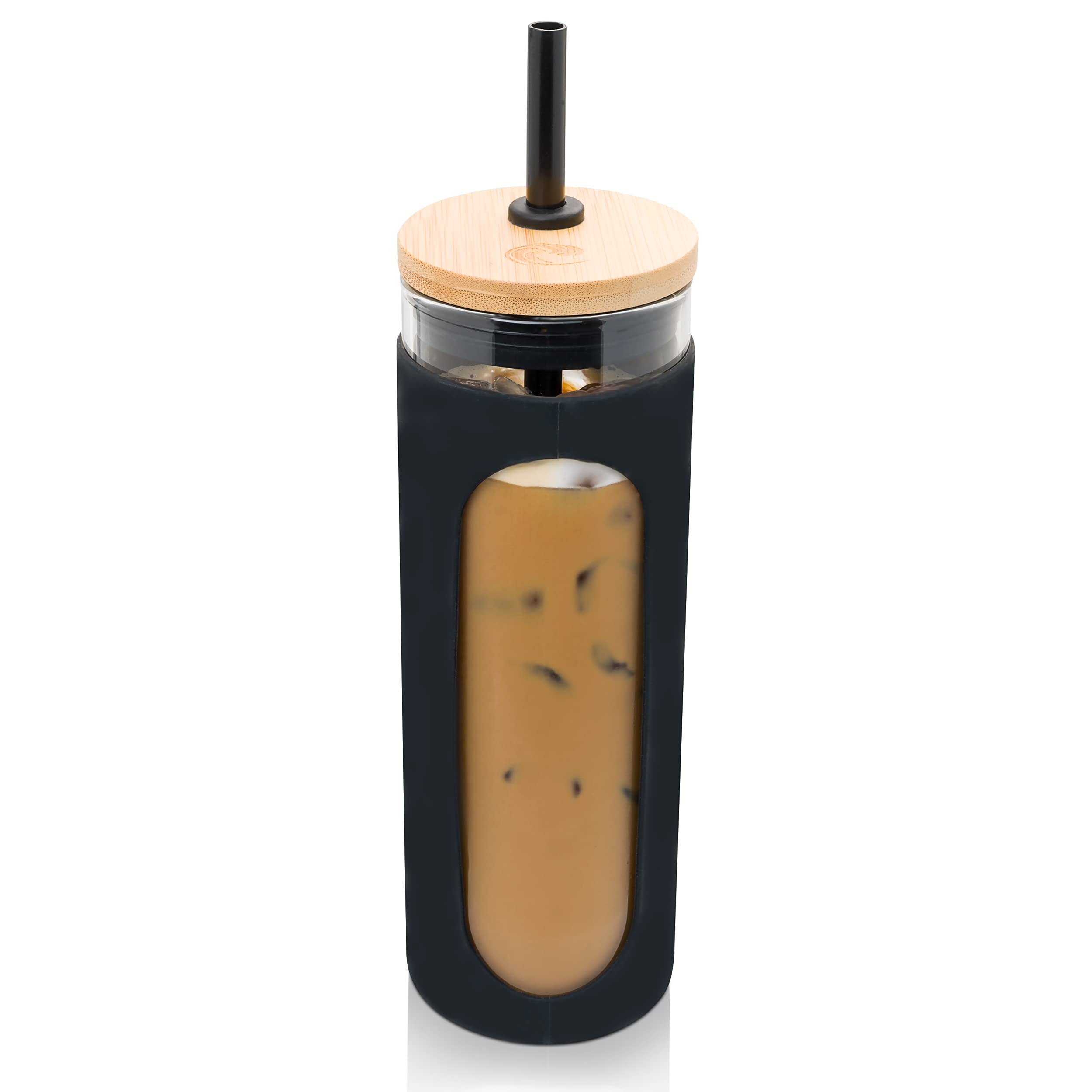 EVY Glass Tumbler 20oz Black Silicone Protective Sleeve Bamboo Lid with Straw for Iced Coffee, Smoothies, and Water Bottle Reusable Cup BPA Free The Original