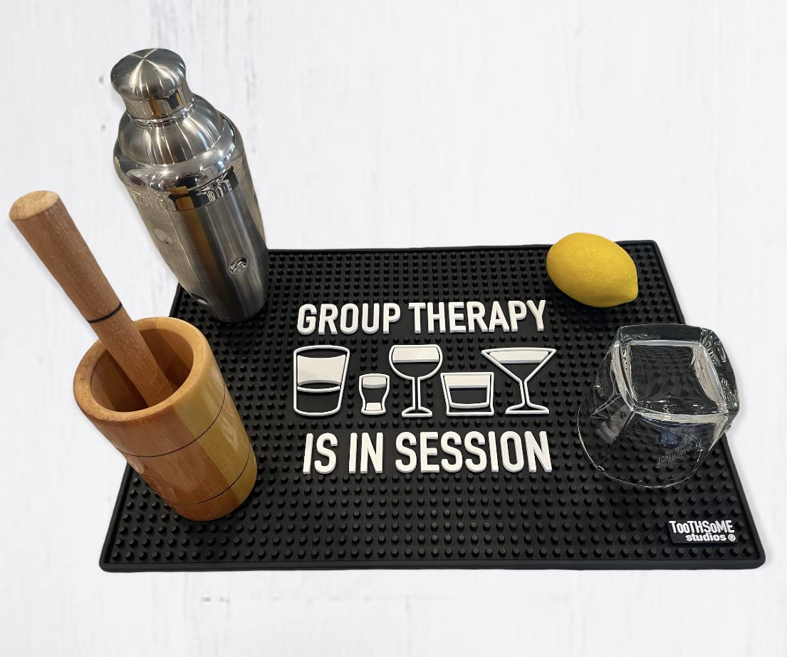 Group Therapy is In Session 17.7" x 11.8" Funny Bar Spill Mat Rail Countertop Accessory Home Pub Decor Slip Resistant Durable Thick Bar Covering for Craft Brewery Kitchen Cafe and Restaurant Accessory