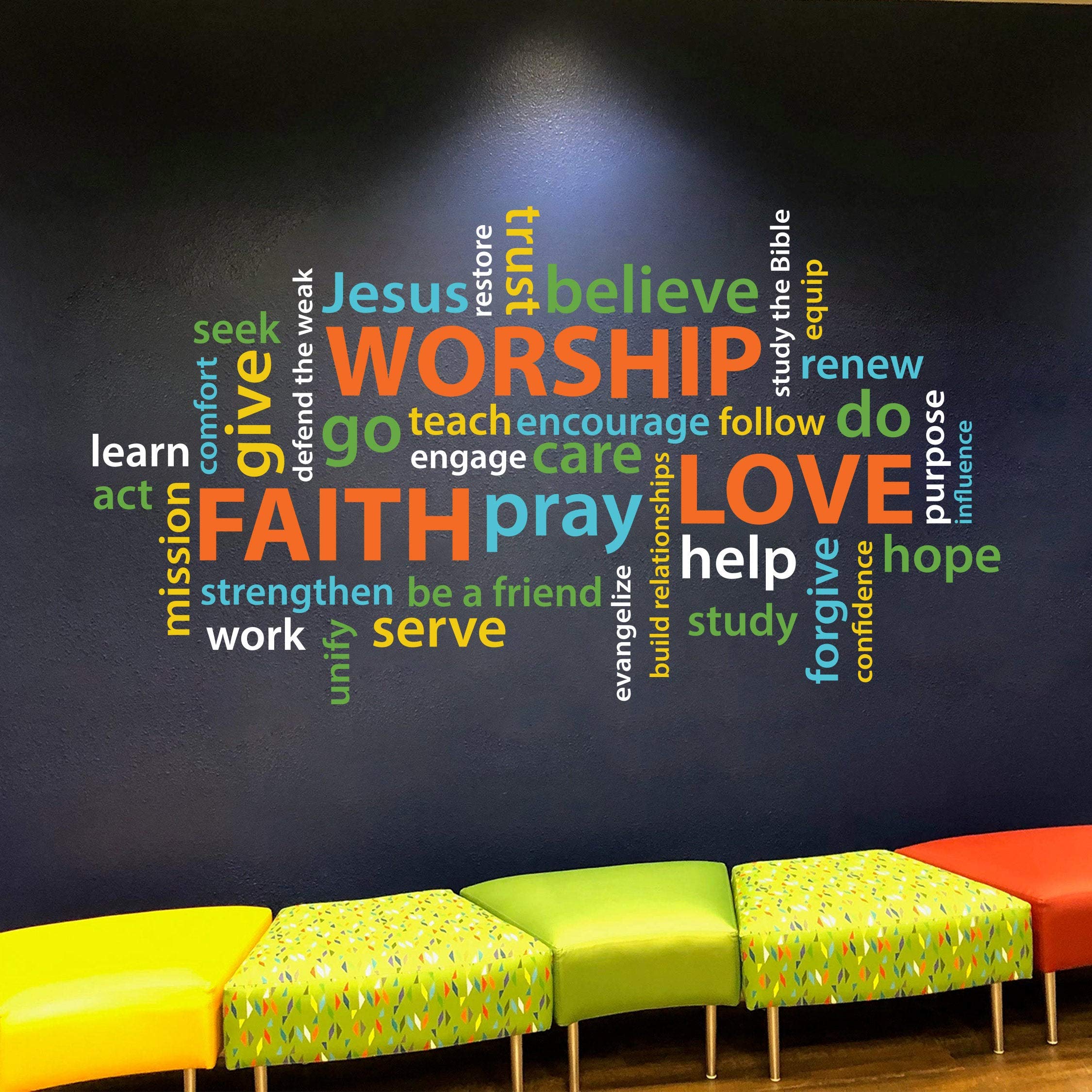 Diuangfoong Word Collage Faith Worship Love Youth Room Church Christian School Wordle Wall Decal Vinyl Decal Colorful Collage Word Cloud Re3174