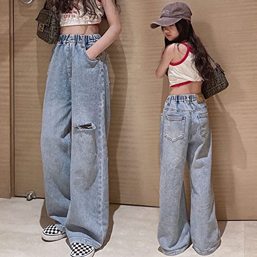YaYabroe Kids Girls Ripped Distressed Washed Baggy Wide Leg Casual Jeans Size 5-14 yrs (11-12 Years, Blue)