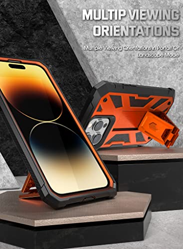 Poetic Compatible with iPhone 14 Pro Max Case, Spartan Phone Case for iPhone 14 Pro Max, Full Body Leather Texture Shockproof Protective Cover with Screen Protector and Kickstand, Metallic Orange