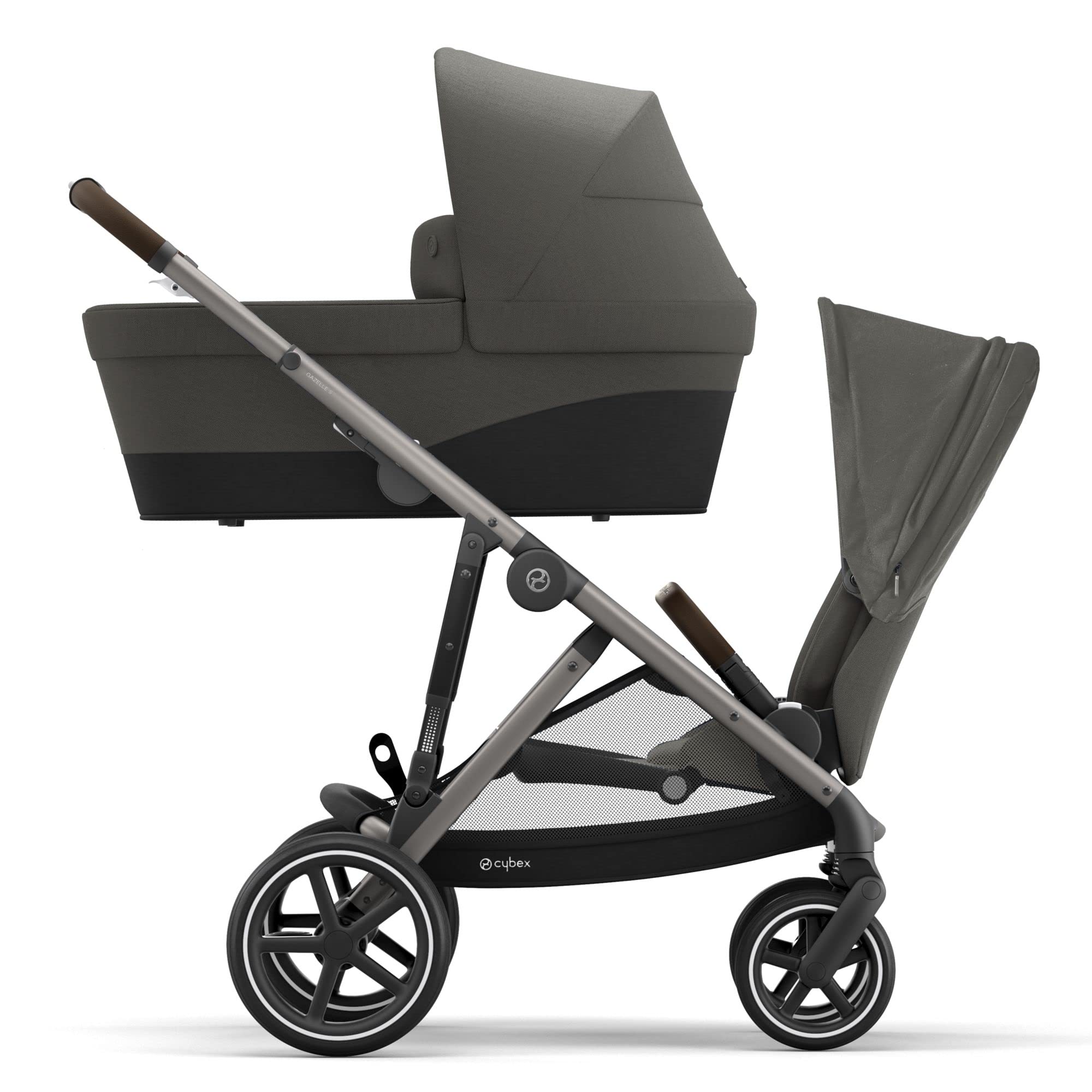 CYBEX Gazelle S Infant Stroller with Infant Cot, Convertible Double Stroller, Infant Cot with Soft Foam Cushion Included, Cot for Birth Up to 20 Lbs., Removable Shopping Basket, Soho Grey