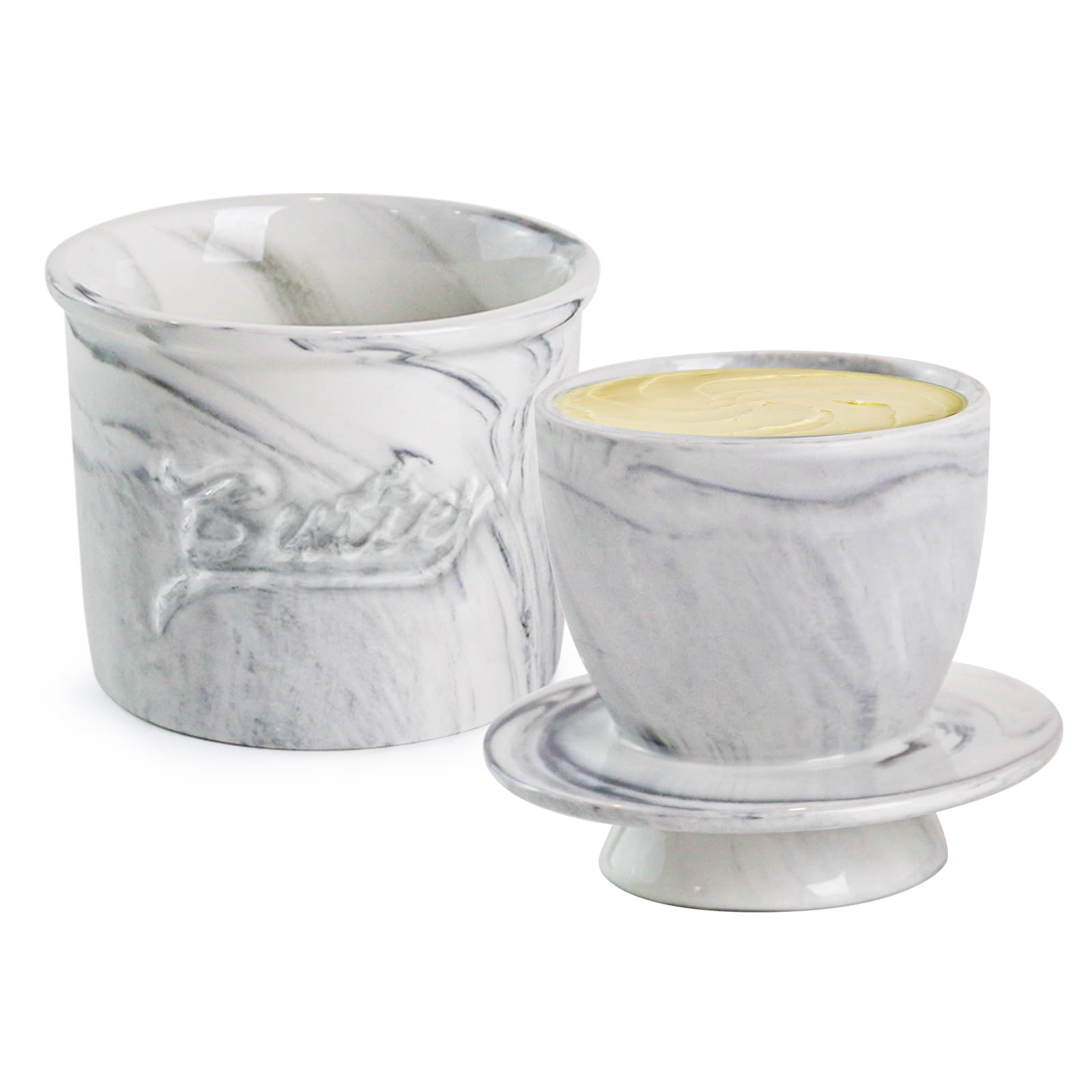 MSJGA Butter Crock for Counter with Water, French Butter Keeper for Spreadable Butter Marble Ceramic Butter Dish with Lid for Countertop, Butter Container Holder