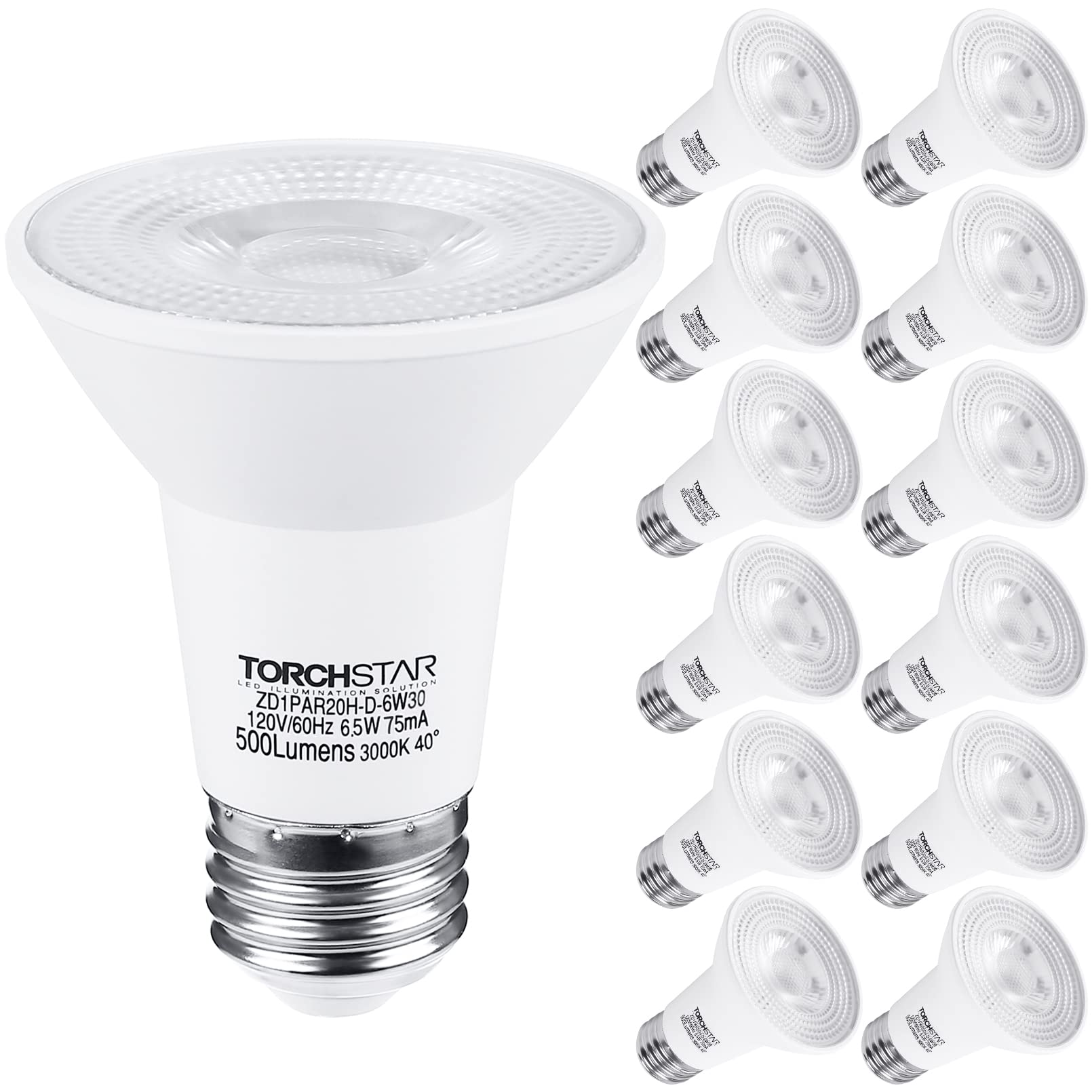 TORCHSTAR 12-Pack PAR20 LED Bulbs, CRI 90+ Dimmable 500 LM LED Spotlight Bulb, 3000K Warm White, UL & Energy Star Listed, 6.5W 50 Watt Equivalent, 40 Degree Beam Angle, E26 Medium Base