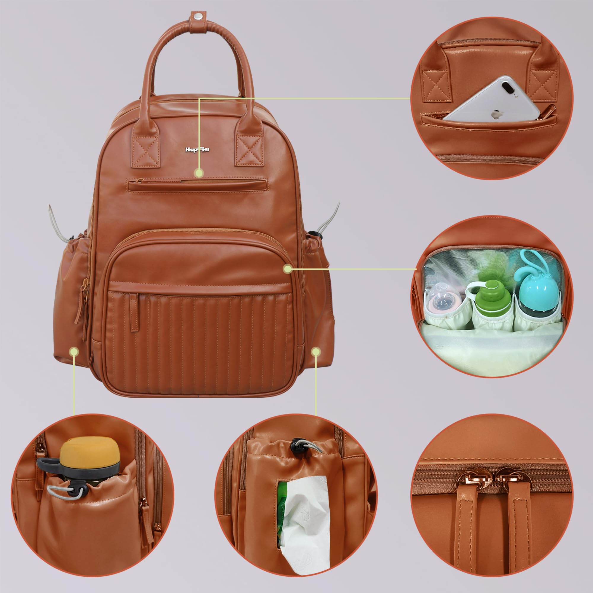 Hap Tim Diaper Bag Backpack, Leather Baby Bag with Changing Pad,19 Pockets, 2 Clear Makeup Bags, 2 Stroller Clips, Baby Registry Search, Brown(K2252-BR)