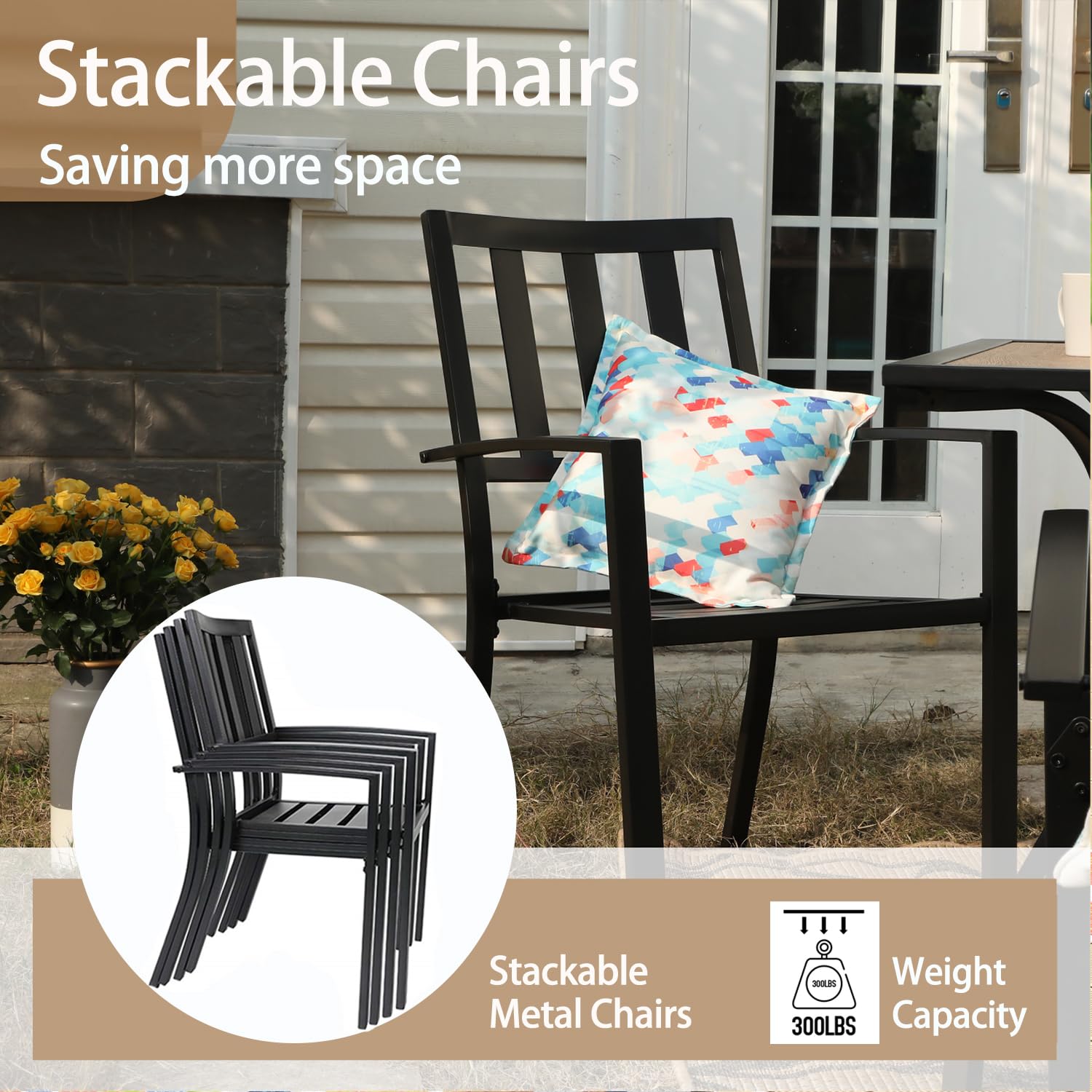 PHI VILLA Patio Dining Stackable Chairs, Outdoor Wrought Iron Furniture Set Bistro Chairs with Armrest,Black (Square Pattern, 4 Set)