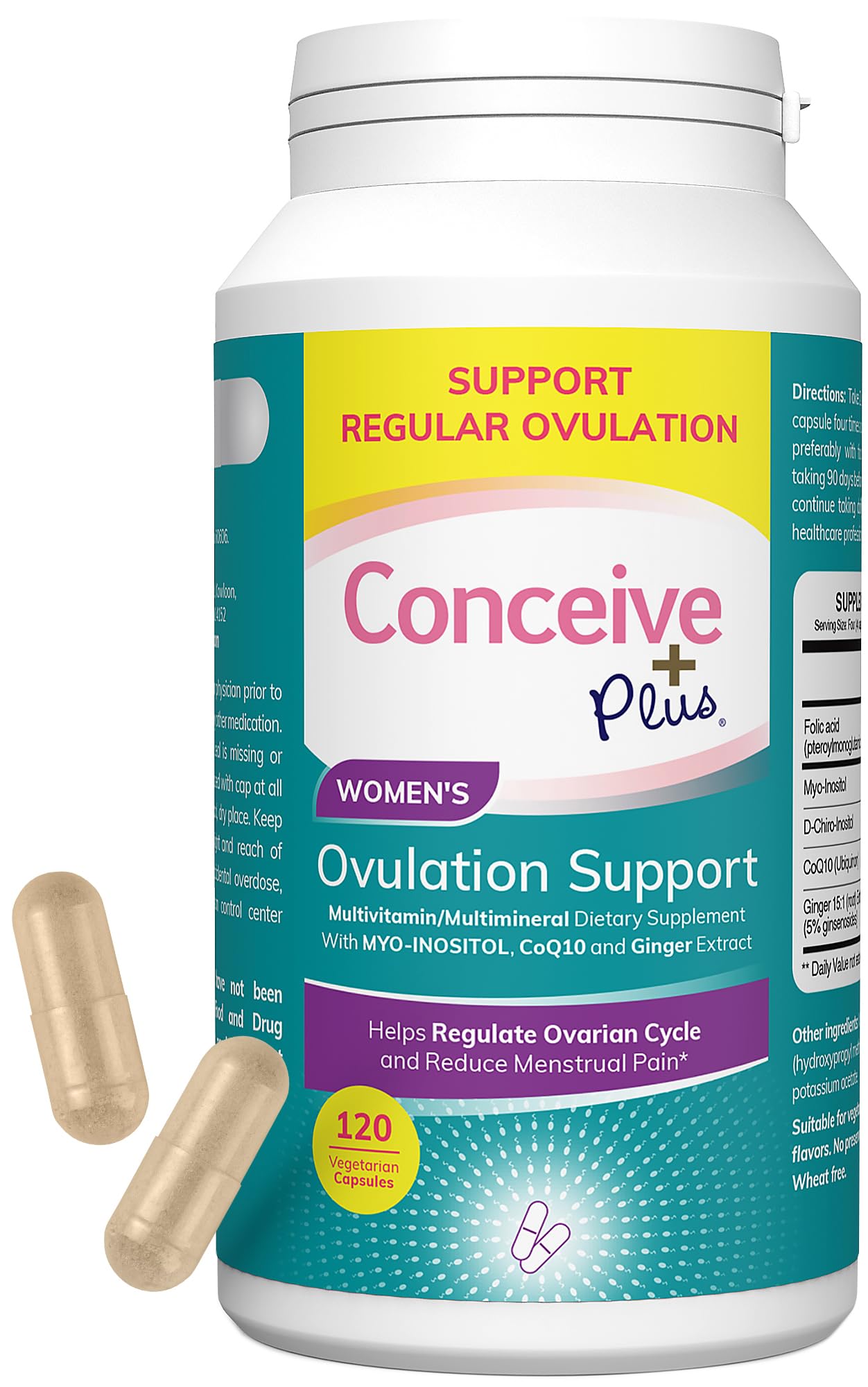 CONCEIVE PLUS Myo-Inositol & D-Chiro Inositol Supplement Blend Capsules | Folate, Ginger, CoQ10, Vitamin B8 | 30-Day Supply Healthy Ovarian Function for Women | 120 Inositol Caps