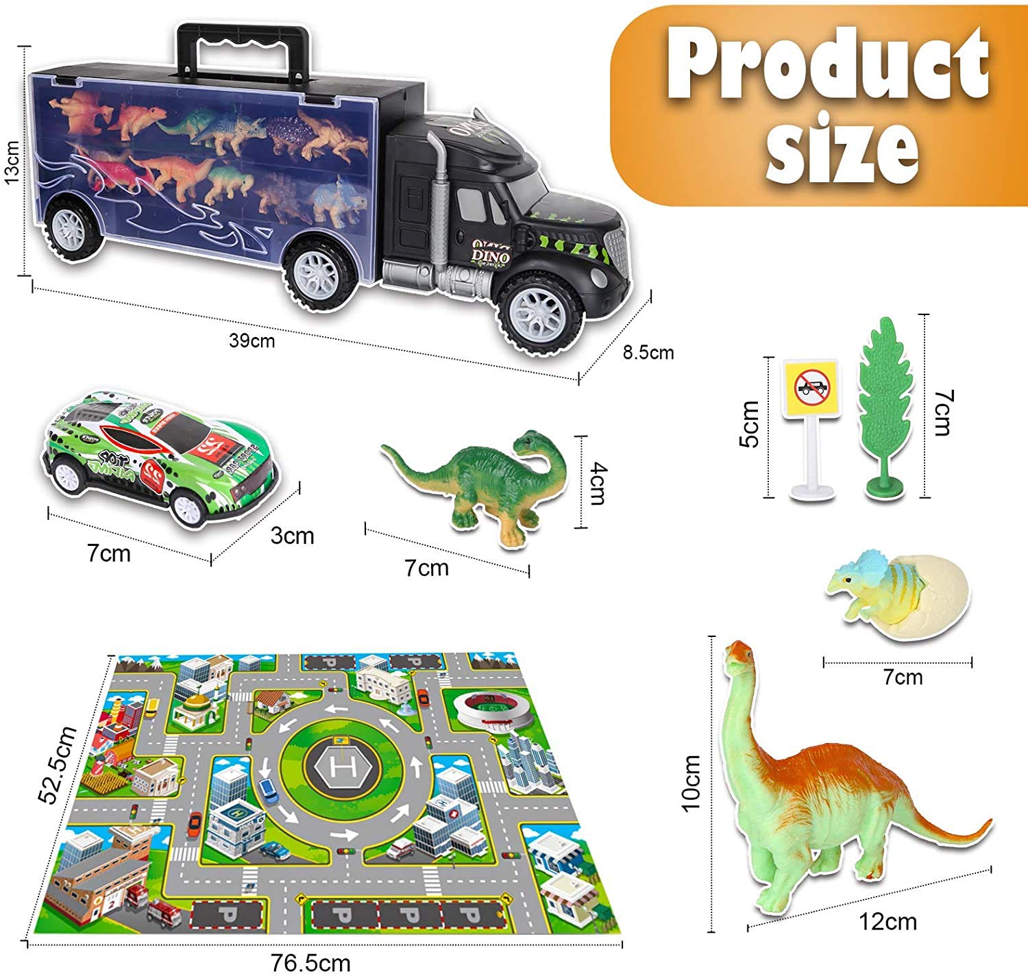 YIMORE Dinosaur Truck Toy Car Transporter Carrier Set Include Dinosaur Figures & Egg Mini Racing Car with Play Mat, Road Signs for Children 37PCS