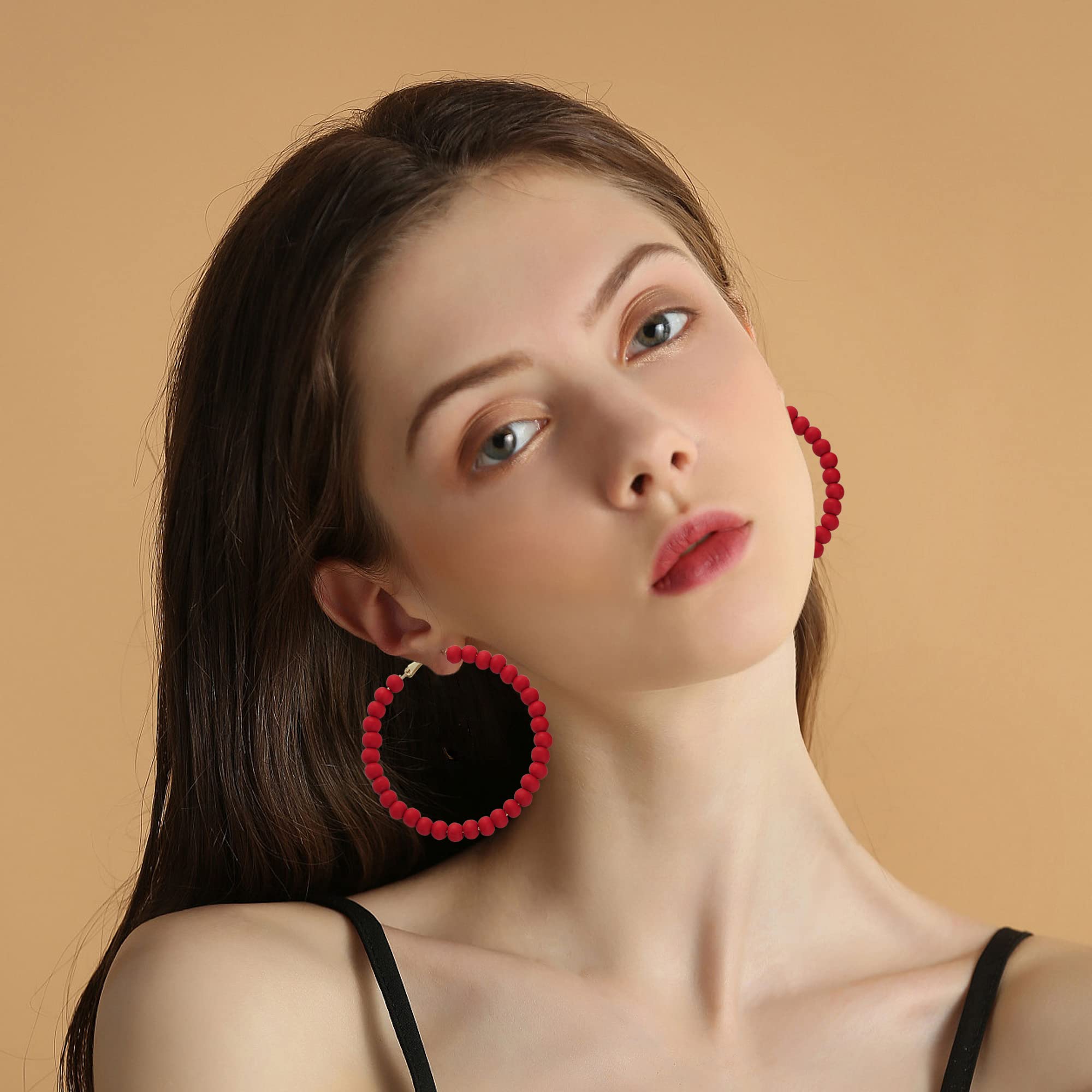 COIRIS Wooden Beaded Hoop Big Earrings Bohemian Circle Round Bead Earrings Circle Drop Dangle Earrings Jewelry For Women (ER1185-Red+Christmas)