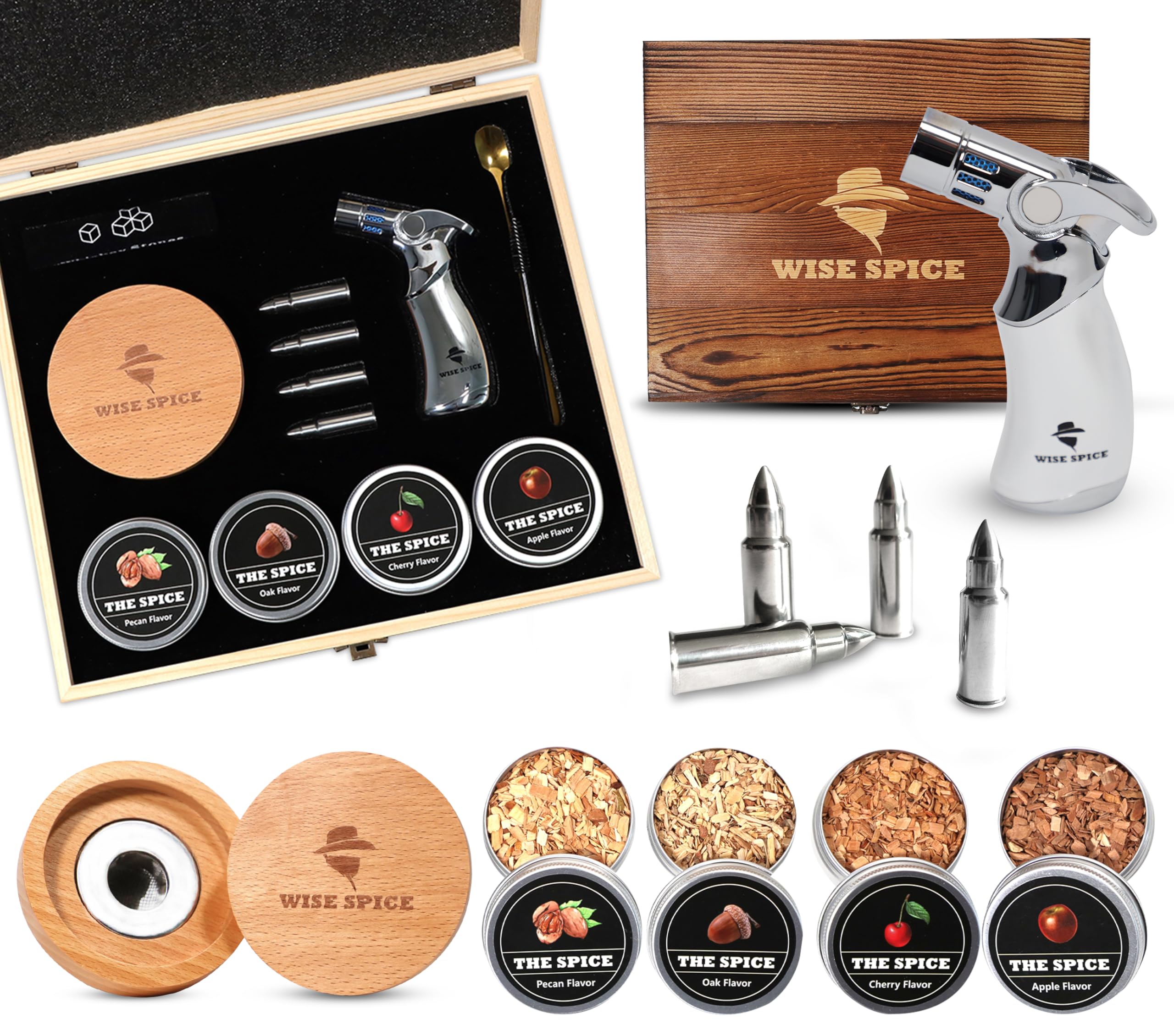 Cocktail Smoker Kit with Torch โ Smoking Set for Cocktails, 4 Wood Chips Flavors, and 4 Drink Chillers โ Old Fashioned Bourbon Smoke Infuser โ Gift for Men or Whiskey Lover (No Butane)