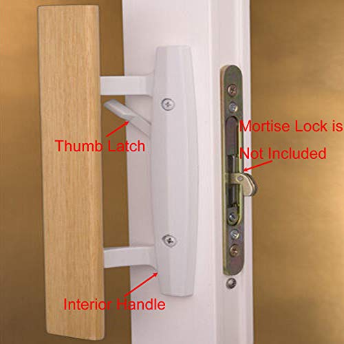 Mortise Style Reversible Sliding Patio Door Handle Set with Oak Wood Interior Handle and Exterior Pull in White Diecast Finish Fits 3-15/16β Screw Hole Spacing, Non-keyed with Latch Locks (White)
