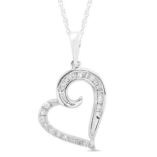 Diamond Heart Pendant Necklace 1/8 cttw Round and Baguette Diamonds in 10k White Gold - 18 Inch Chain