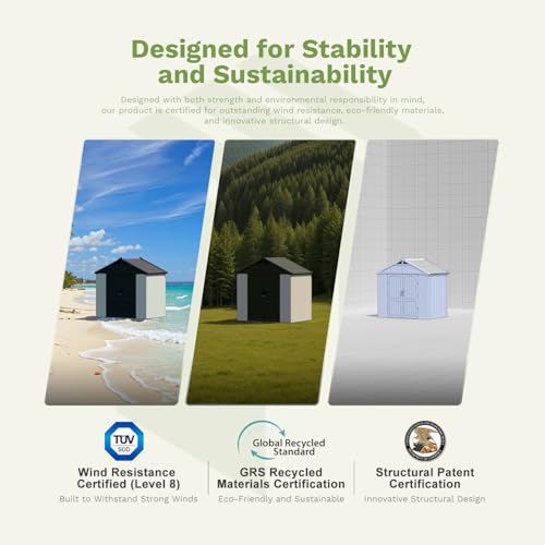 Patiolife 8.1x6.1 FT Resin Outdoor Storage Shed with Floor, Window and Lockable Door, Easy Installation in Gray and White