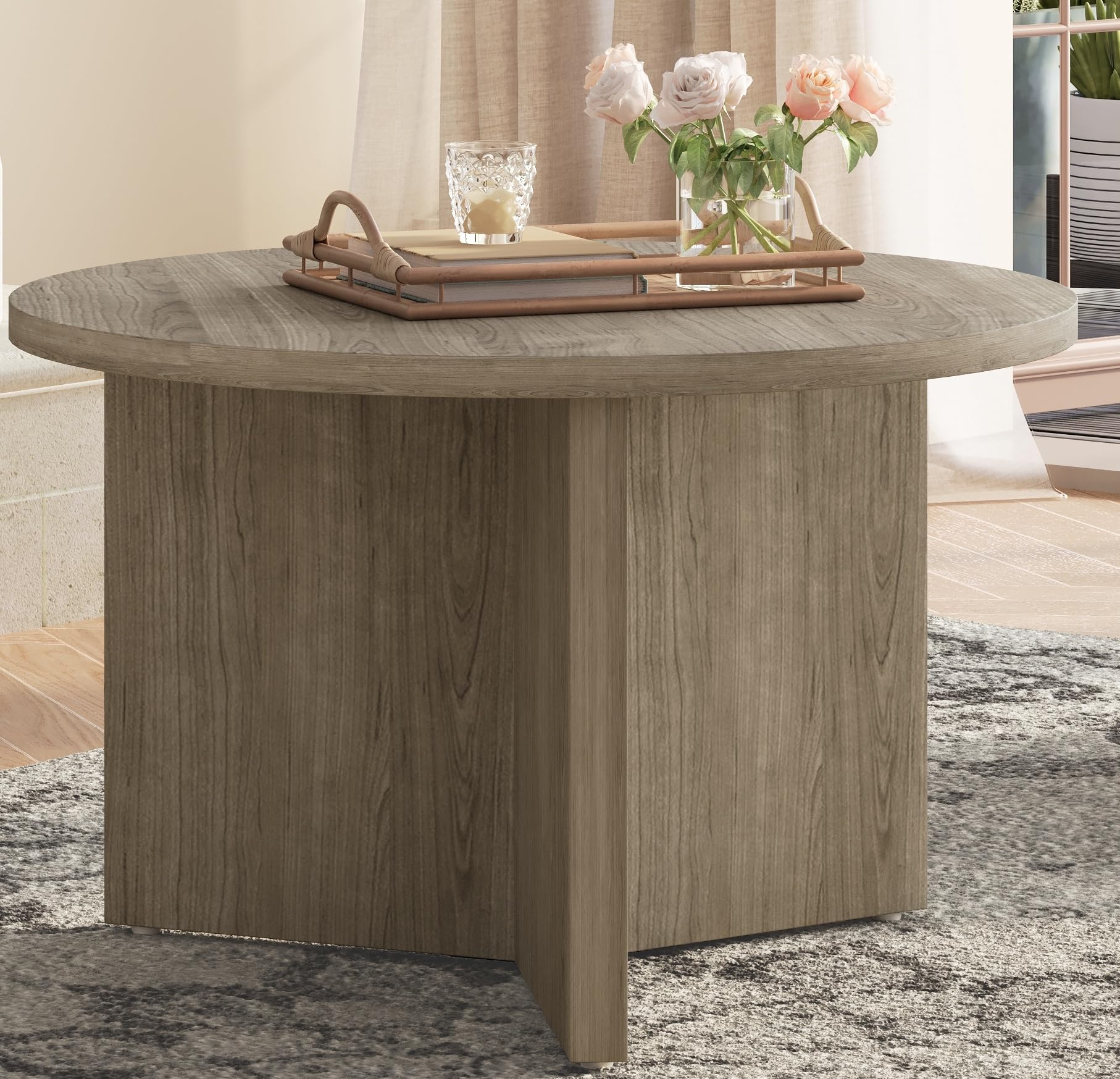 Luoxiao Coffee Table for Small Space, Minimalist Modern Table for Living Room, Durable & Sturdy Small Round End Table with Adjustable Feet Pads, Wood