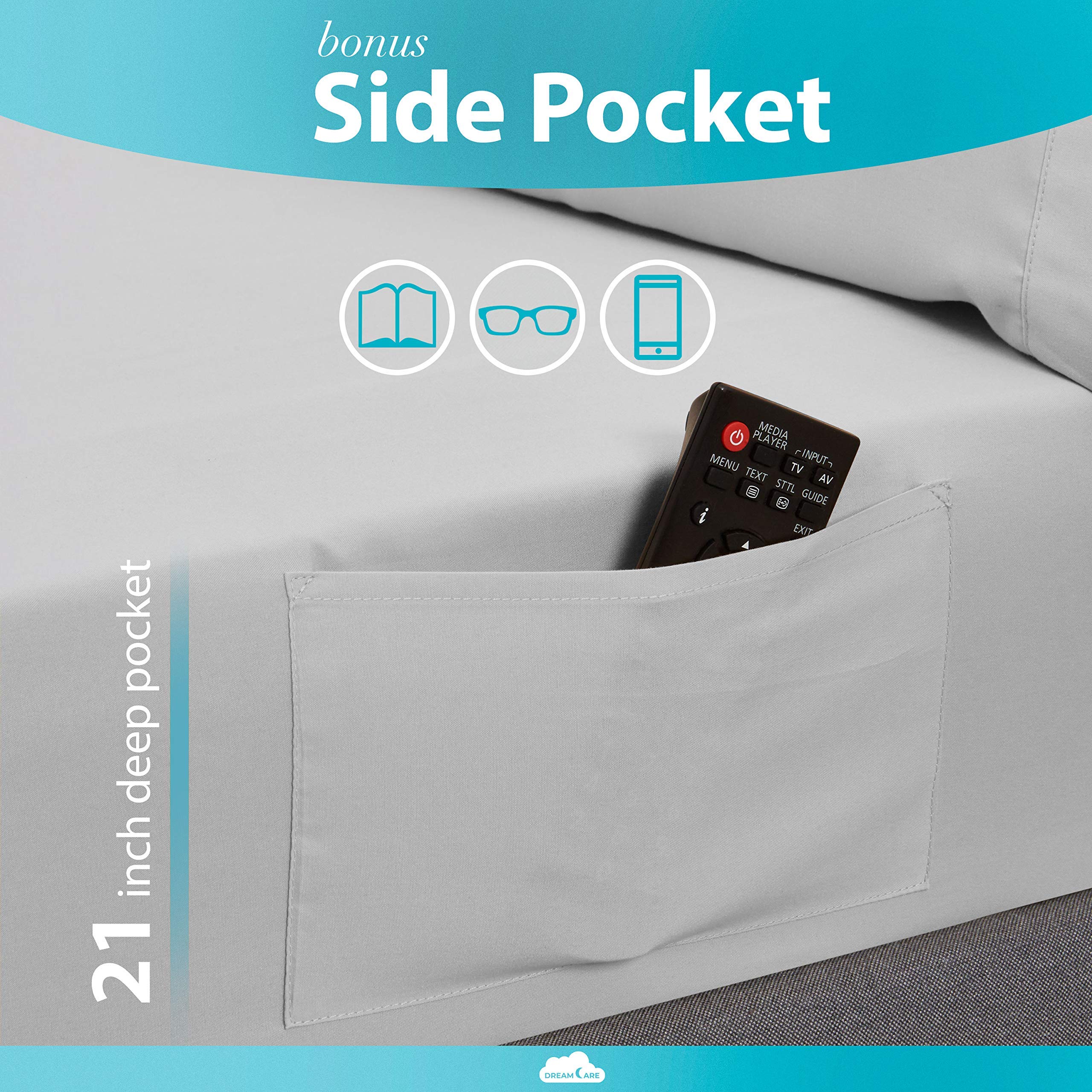 DREAMCARE Full Size Sheets – 4 pcs Cooling Sheets – up to 21” Deep Full Sheet Set – Hotel Luxury Sheets & Pillowcases – Superior Softness 100% Fine Microfiber with Side Pocket – Light Gray