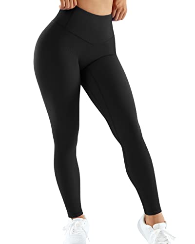 MOSHENGQI Womens High Waisted Seamless Ribbed Leggings Soft Slimming Yoga Pants(M,277-Black)