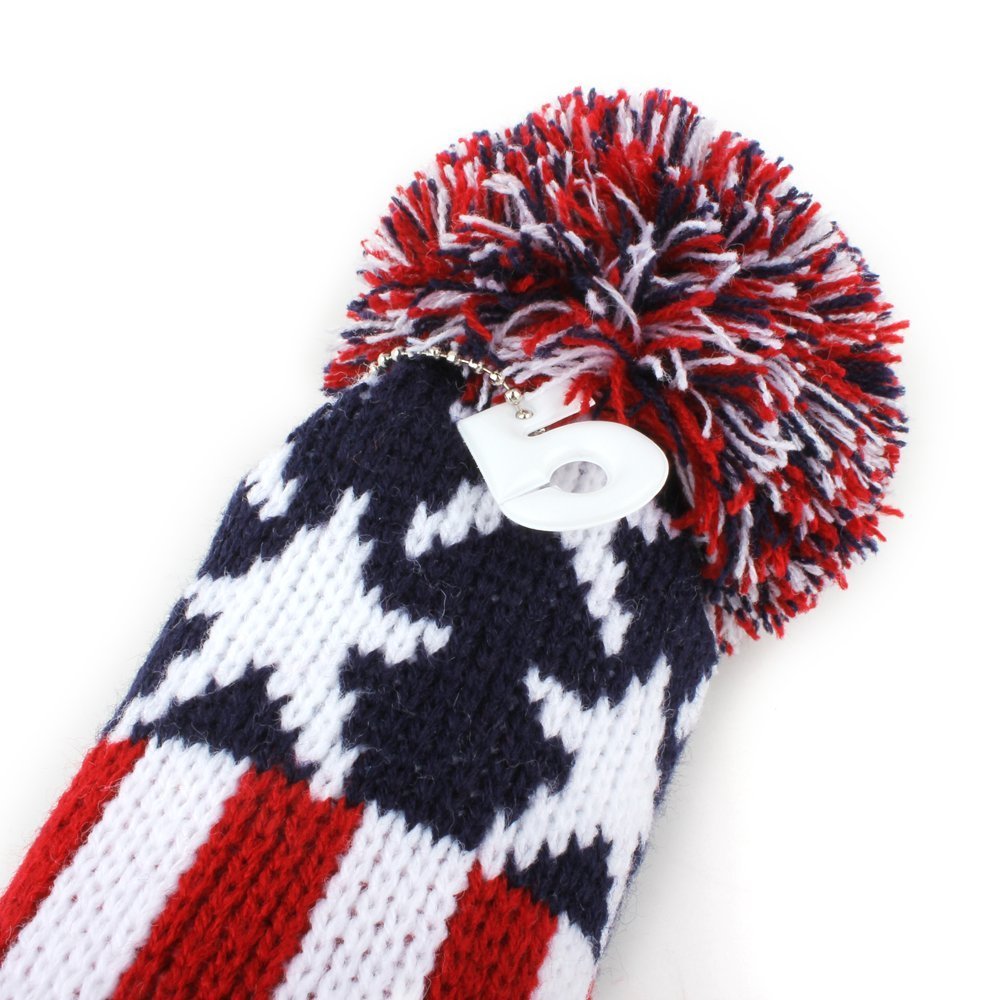 COOLSKY Golf USA Star Stripes Knit 3pcs Headcover Set Vintange Pom Pom Sock Covers 1-3-5