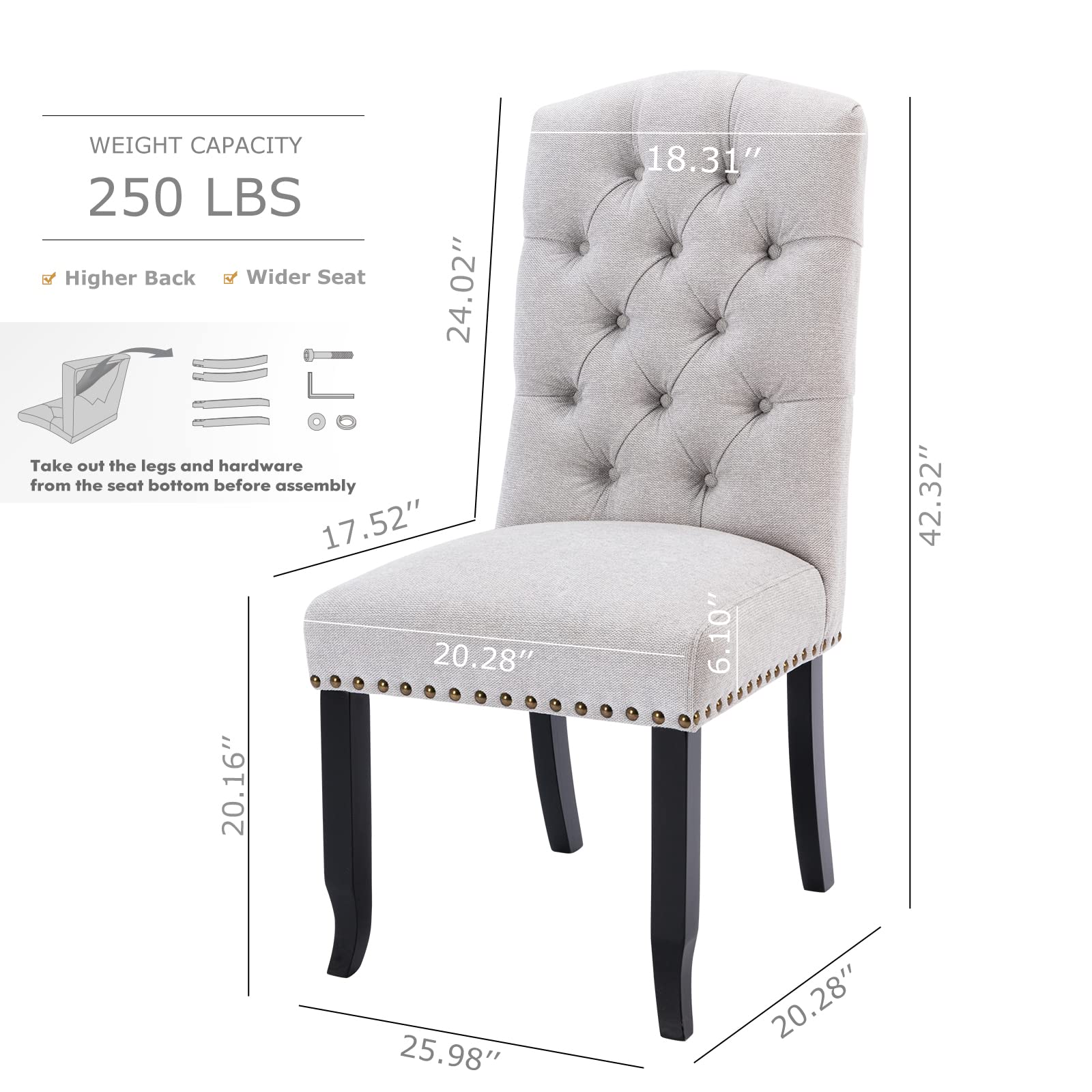 COLAMY Button Tufted Dining Chairs Set of 4, Upholstered Parsons Dining Room Chairs, Fabric Kitchen Chairs with Nailhead Trim and Wood Legs, Light Grey