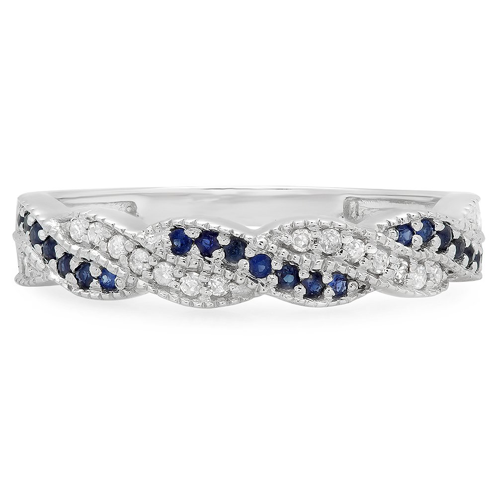 Dazzlingrock Collection 14K Round White Diamond & Blue Sapphire Ladies Anniversary Wedding Band Swirl Ring, White Gold, Size 5.5