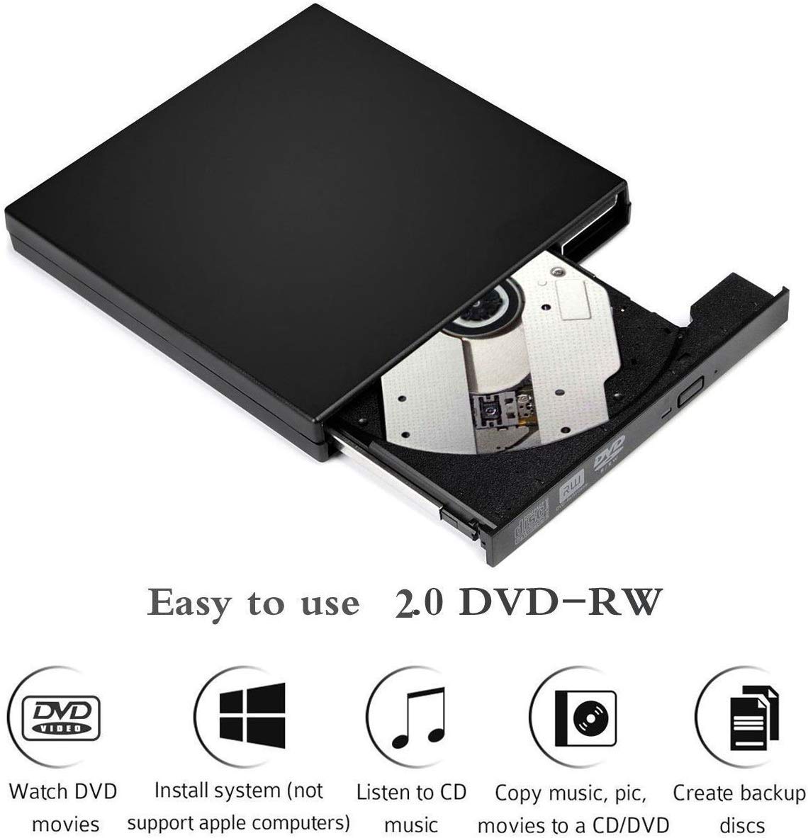 External DVD CD Drive, Ultra Slim Portable CD DVD Burner Player Writer for Laptops Desktops and Notebooks (Including Two Cables)