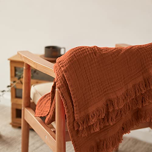 Simple&Opulence Cotton Muslin Throw Blanket for Bed, Couch, Knit Woven Gauze Blanket with Tassels, Soft Lightweight Cozy Pre-Washed Breathable Farmhouse Decoration for All-Season (Rust Orange)
