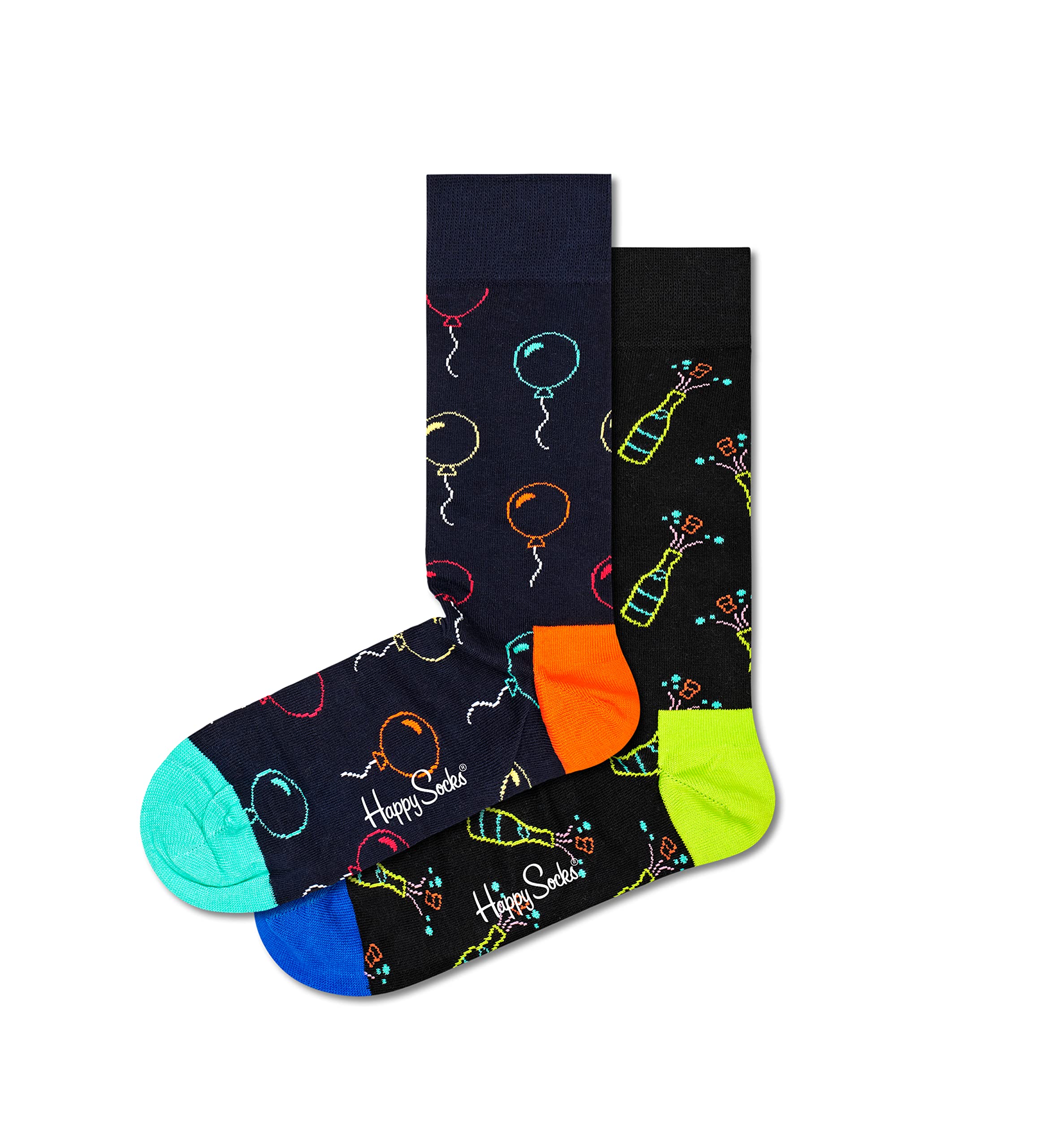 Happy Socks Pop Champagne Party Sock - for Men and Women, Made with Sustainable Cotton- Black and Neon- Size 10-13 (2-Pack with Gift Box)