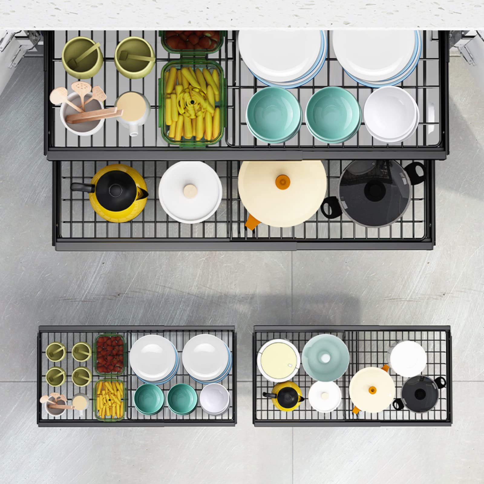 Expandable 2 Pack Pull Out Cabinet Drawer Organizer, Steel Metal Pull Out Storage Shelf Drawer Basket, Sliding Pantry Shelves - Roll Out Shelf Storage for Pots, Pans, Black