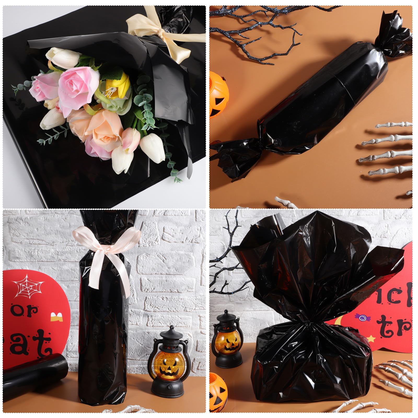Pengxiaomei 32in x 50 Ft Black Cellophane Wrap for Gift Baskets Flower Halloween Wrapping Paper Cellophane Wrap Roll for Gift Halloween Wrapping (Black)