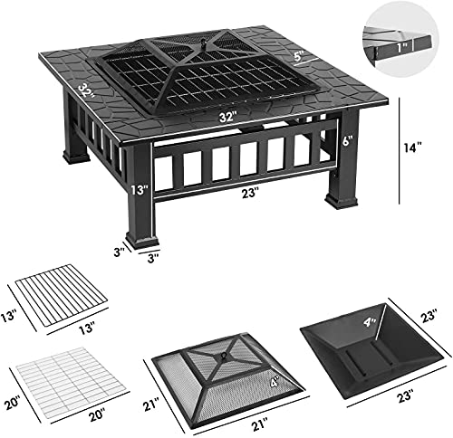 HEMBOR 32" Outdoor Fire Pit Table with Grill, Wood Burning Fireplace Bowl, Multi-Function Square Stove, w/Spark Screen, Poker, Rainproof Cover for Picnic, Camp, Bonfire, BBQ, Patio, Backyard, Party