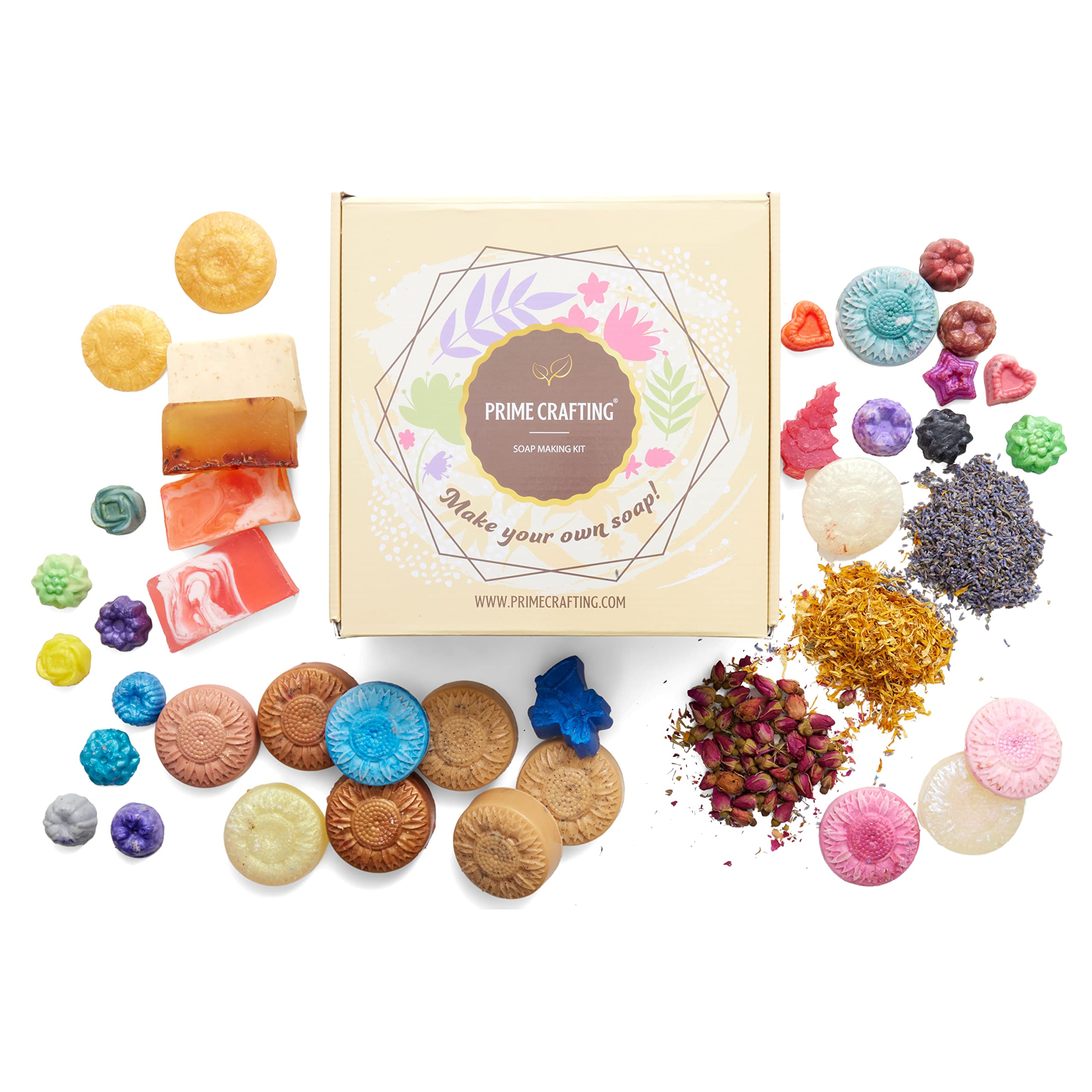 DIY Soap Making Kit - Soap Making Supplies with 1lb Shea Butter Soap Base & 1lb Ultra Clear Soap Base, 4 Mica Powders & 4 Essential Oils β 1 Silicone Soap Mold with Spatula & Dried Flowers
