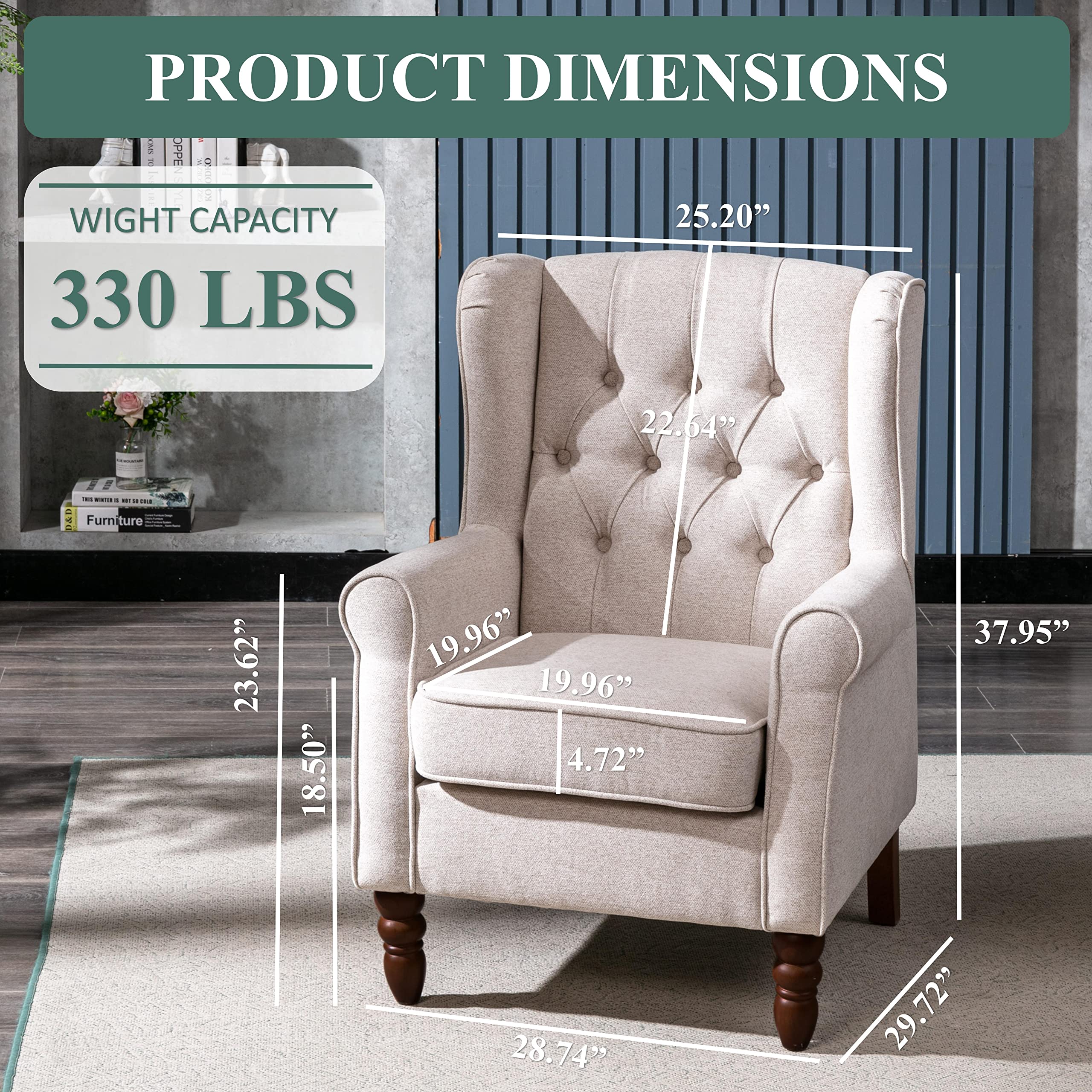 COLAMY Mid-Century Modern Living Room Accent Chairs, Thick Upholstered Button Tufted Wingback Armchair Fabric Sofa Arm Chair, Solid Wood Legs Padding Seat, Beige