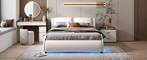 Modern Full Size Upholstered Platform Bed with LED Light Headboard, Metal Faux Leather Upholstered Platform Bed Frame with Wooden Slatted, Wave-Like Bed for Kids Teens Adult Bedroom (White-Full)