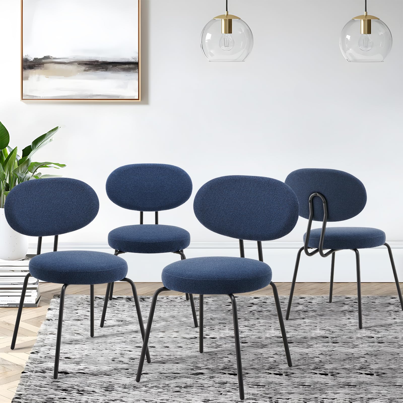 COLAMY Upholstered Fabric Dining Chairs Set of 4, Mid Centry Modern Dining Room Kitchen Side Chairs with Round Seat, Curved Backrest, and Sturdy Black Metal Legs, Cream