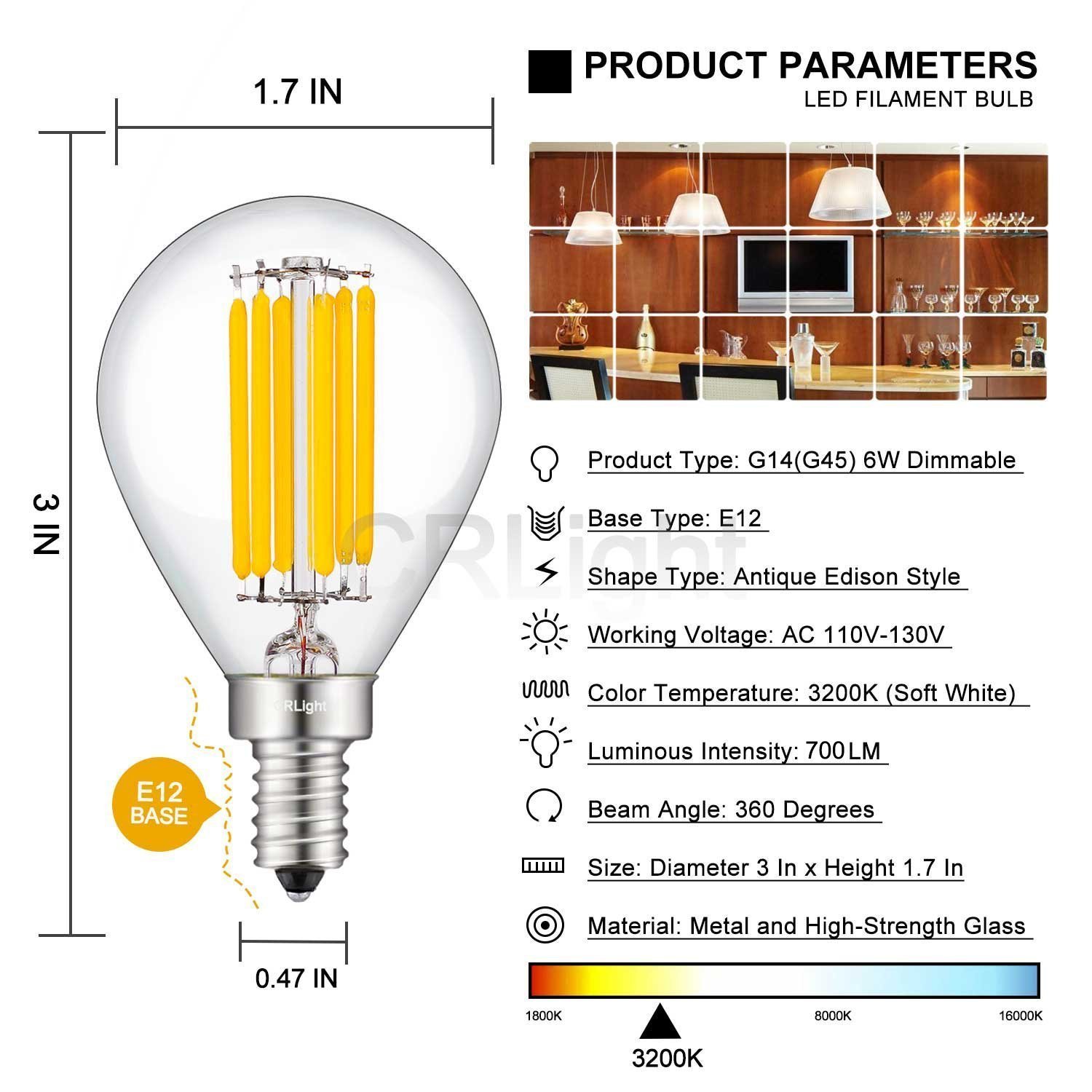 CRLight 6W Edison LED Globe Bulb 3200K Soft White 70W Equivalent 700LM Dimmable, E12 Candelabra Base Vintage Tiny G14(G45) Clear Glass Globe Shape, 360 Degree Beam Angle, 6 Pack