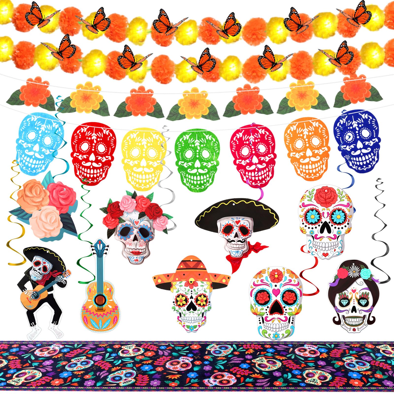Hotop 39 Pcs Day of the Dead Decor Set Altar De Ofrendas Marigold Garland String Lights Dia De Los Muertos Table Runner Mexican Party Banners Skull Hanging Swirl Monarch Butterfly (Orange and Yellow)