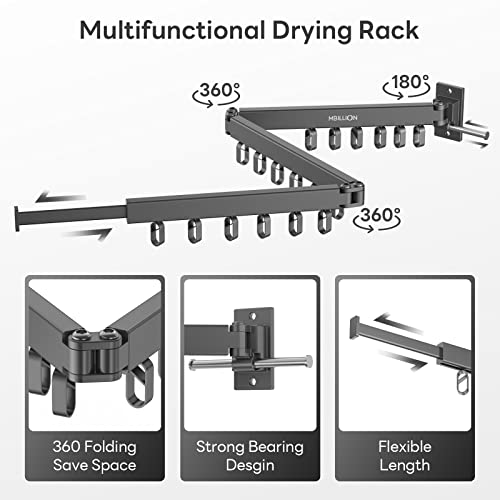 Mbillion Tri Folding Clothes Drying Rack with Extended Arm 48'' Long,Laundry Drying Rack,Wall Mounted Drying Racks for Laundry with Ring Type Hooks Heavy Duty, for Balcony,Laundry,Bathroom, Grey