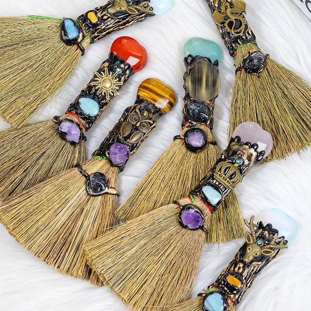 JHIALG Witch Broom Crystal Witch Wiccan Altar Broom, Halloween Hanging Props Cosplay Broomstick, Handmade Reiki Broomstick for Cleansing Healing Fengshui