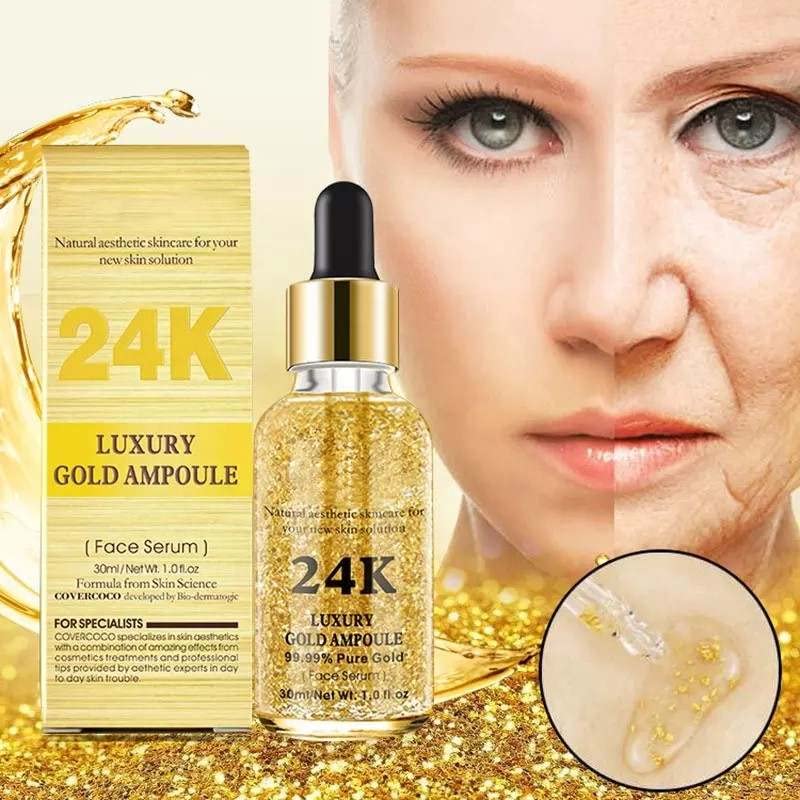 COVERCOCO Gold 24k Face Serum with Hyaluronic Acid Collagen and Peptides Ampoule (99.99% gold) 30ML/1.01 Oz