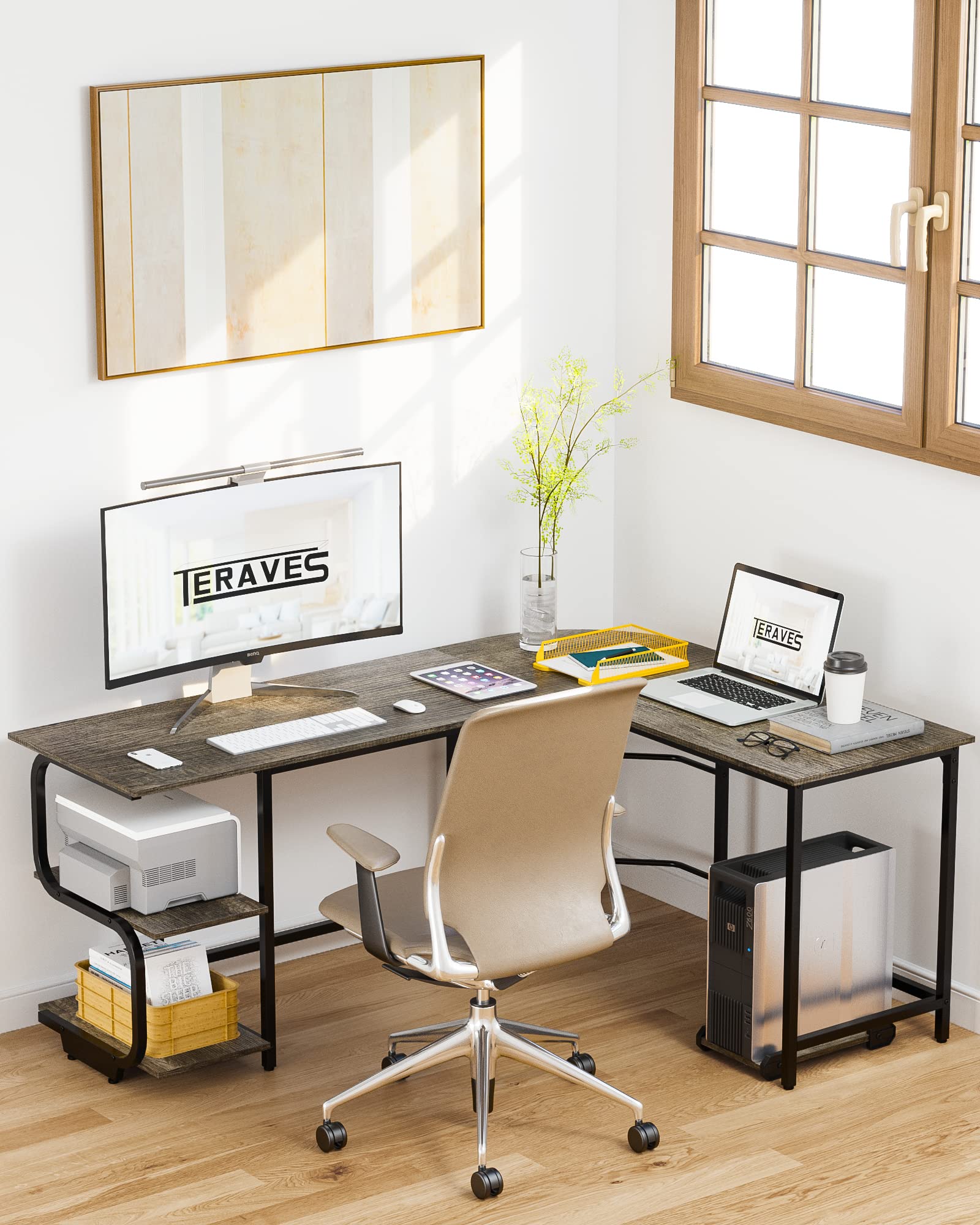 Teraves Reversible L Shaped Desk with Large Surface, 61 Inch Sturdy Corner Desk with Storage Shelves, Premium Office Computer Desk Workstation for Home Office Gaming