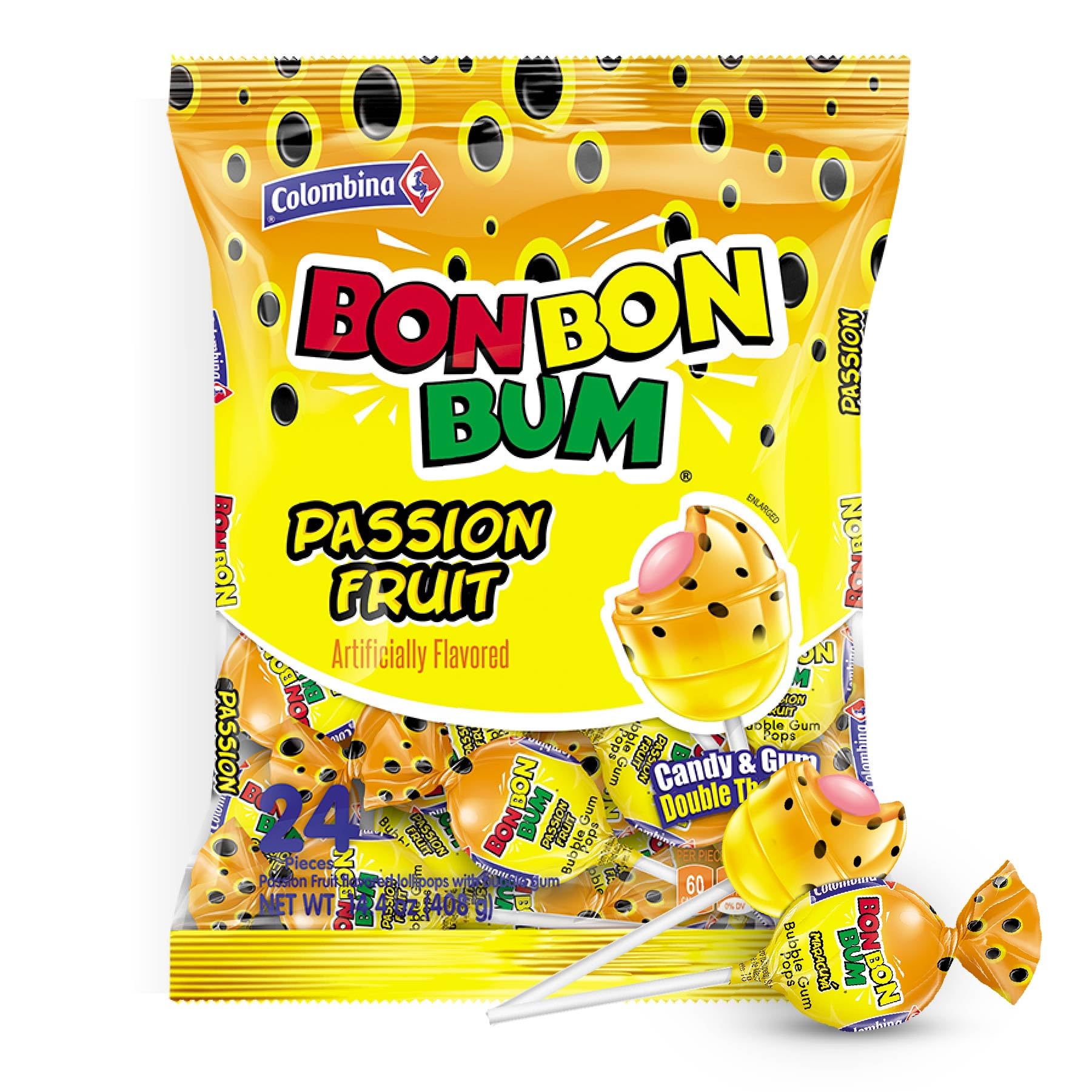 Colombina Bon Bon Bum Lollipops w/Bubble Gum Center, Passion Fruit Flavor, Individually Wrapped, Ideal for Party Favors and Gifts, 1 Pack (24 Count)