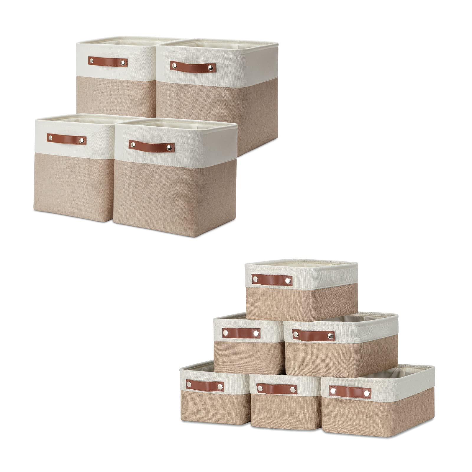 DULLEMELO Collapsible Bundle Baskets 4 Cube Baskets 11"x11"x11" + 6 Small Baskets 11.8"x7.9"x5.1"(White&Khaki)