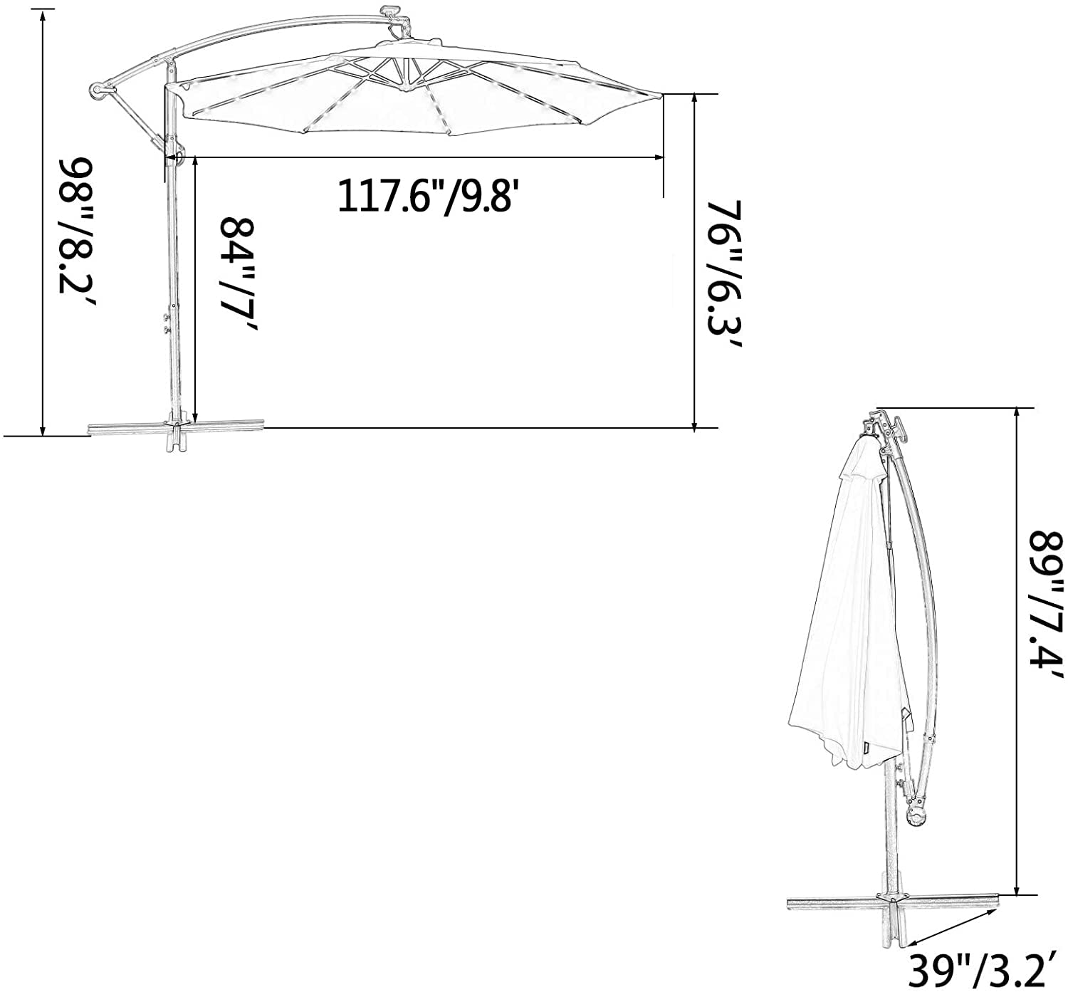 HENG FENG 10FT Solar Powered 32LED Lighted Patio Offset Umbrella Cantilever Umbrella Hanging Outdoor Market Umbrella with Crank and Cross Base, Beige