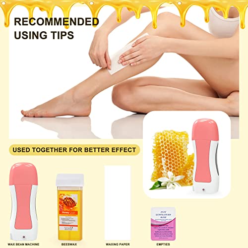 Roll On Wax Kit for Hair Removal, Honey Wax Roller Waxing Kit for Sensitive Skin at Home, Depilatory Soft Wax Warmer with 2 Cartridge Refill 10 Wax-removing wipes and 100pcs Wax Strips(Pink)