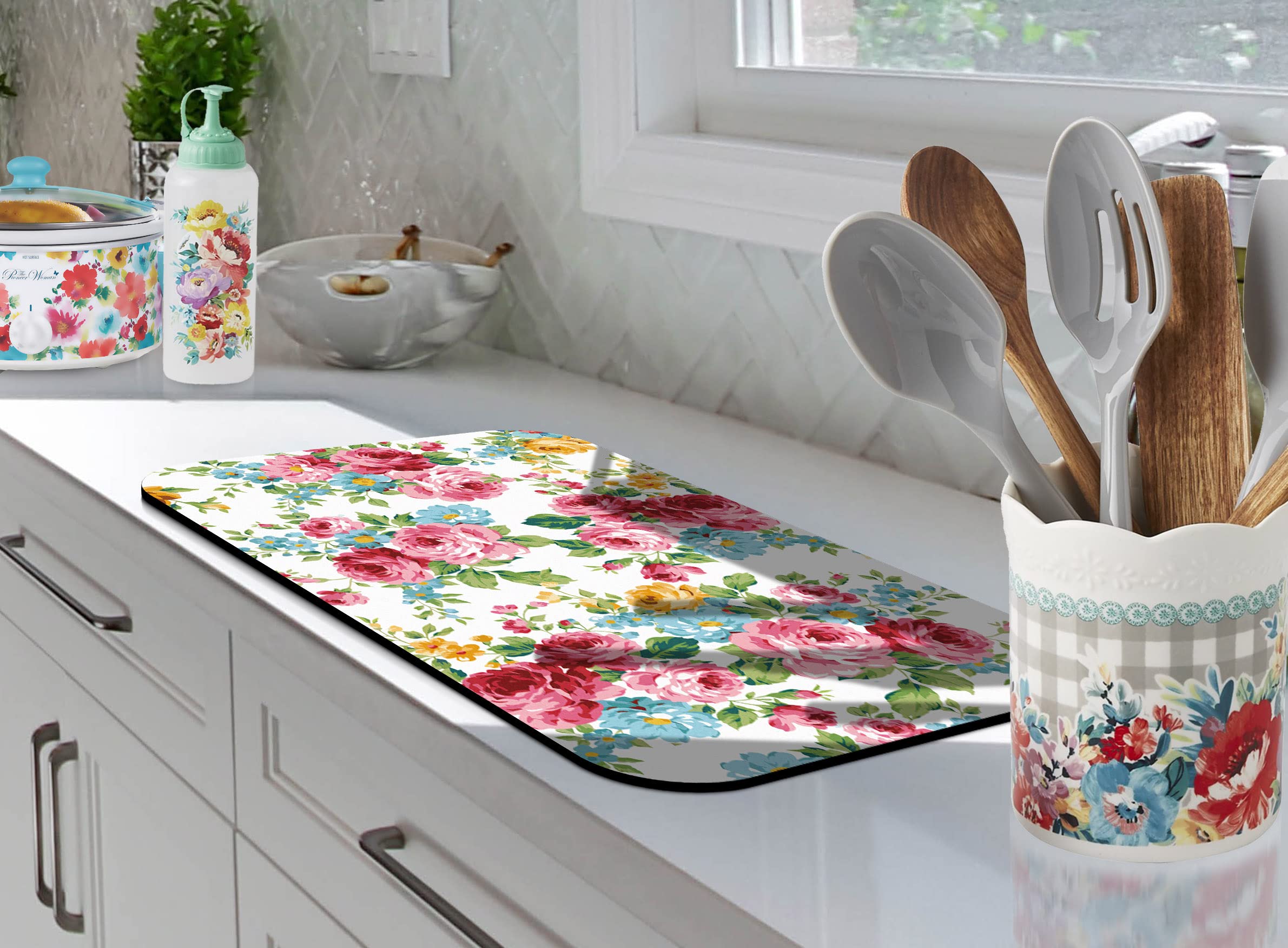 Coffee Bar Mat Accessories for Countertop Pioneer Flower Absorbent Hide Stain Rubber Backed Dish Drying Mats for Kitchen Counter Draining Pad Decor Gift Fit Under Coffee Maker (20x12in)