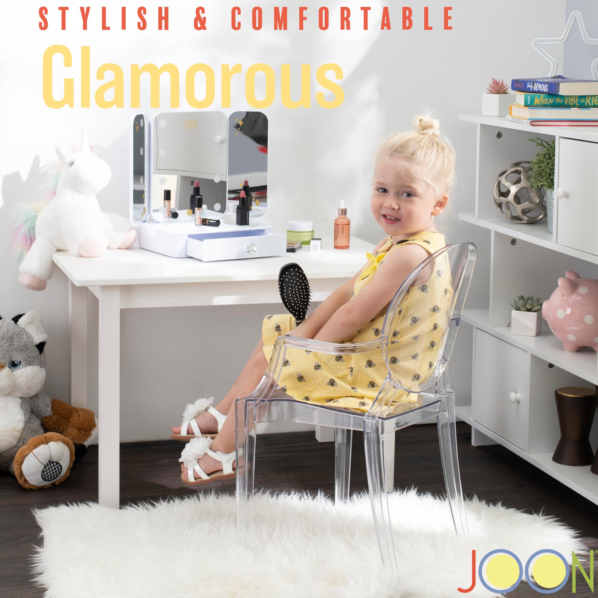 JOON 2 Pack Kids Ghost Chairs with Armrest Transparent, 25x13x14.5 Inches, Polycarbonate Material, 12.75β Seat Height, Stackable, for Toddler Parties, Playroom, Daycare, Home (Transparent Clear)